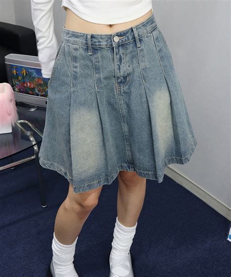 데님 플리츠 하프 스커트 2color 주름 테니스치마 빈티지워싱 워싱데님 청치마 중청 흑청 세미 미니 미디엄 미디스커트 플레어 A라인 에이블리