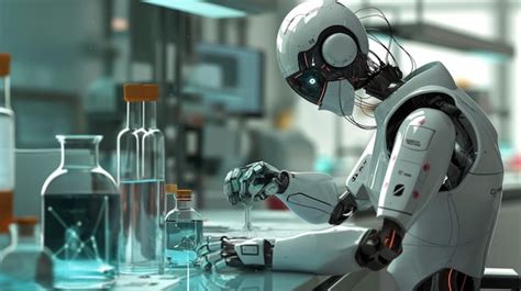Robot Scientist Conducting Experiments In A Laboratory Filled With Advanced Equipment And