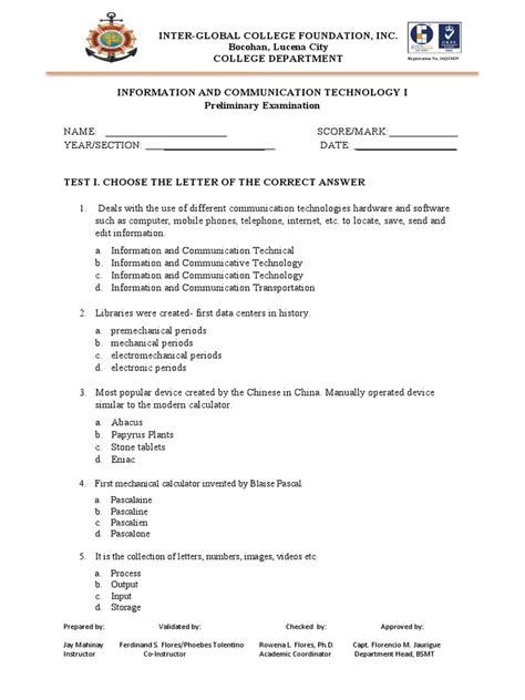 Ict 1 Prelim Exam Pdf Inputoutput Computer Hardware