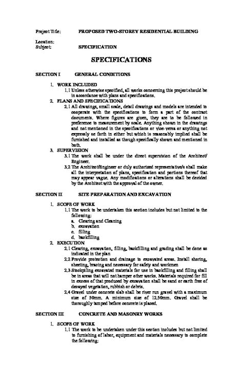 Specifications Proposed Two Storey Residential Building Specification