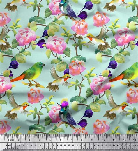 Soimoi Modal Satin Fabric Leavesfloral And Hummingbird Bird Fabric
