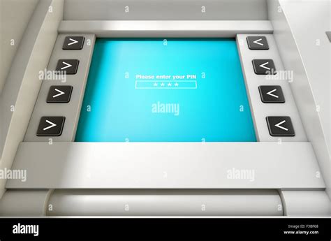 A Closeup View Of An Atm Screen With The Enter Pin Prompt Display Stock