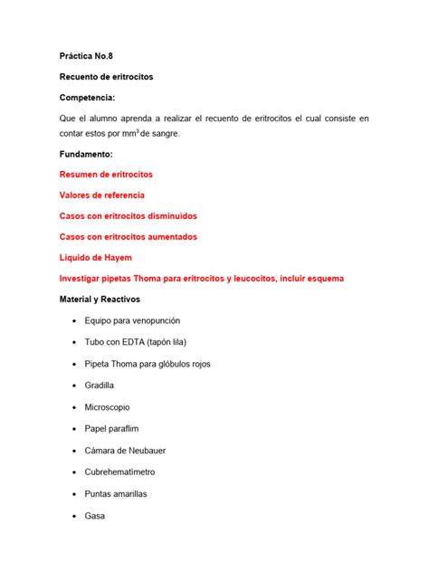 Práctica No 8 Recuento De Eritrocitos Pdf Sangre Hematología