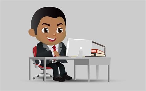 사무실 책상에서 랩톱 컴퓨터에서 작업하는 성공적인 비즈니스 피플 캐릭터 경영자에 대한 스톡 벡터 아트 및 기타 이미지 경영자 계획 공부 Istock