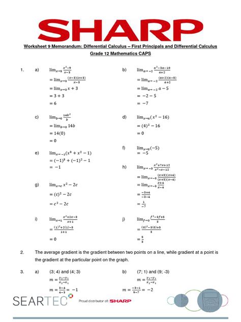 Worksheet 9 Memorandum Calculus First Principals And Differential Calculus Grade 12 Maths