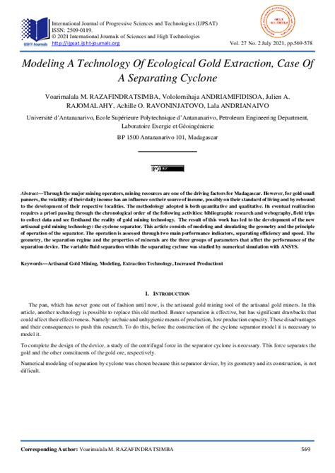 Pdf Modeling A Technology Of Ecological Gold Extraction Case Of A Separating Cyclone Lala