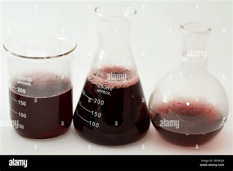A Laboratory Set Of Glassware Of Conical Boiling And Volumetric Flasks That Contains Dark Red