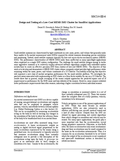 Design And Testing Of A Low Cost Mems Imu Cluster For Smallsat Ap Pdf