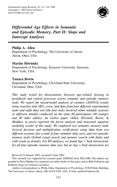 Pdf Differential Age Effects In Semantic And Episodic Memory Part Ii