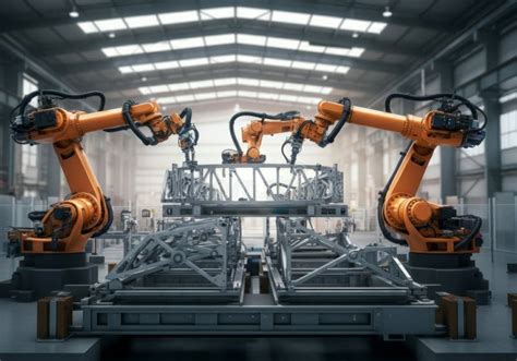 Robotic Arms Working On Metal Frame In Factory Setting Stock Image Image Of Robotic Automated