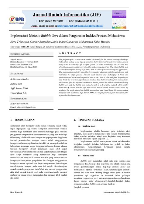 Pdf Implemetasi Metode Bubble Sort Dalam Pengurutan Indeks Prestasi