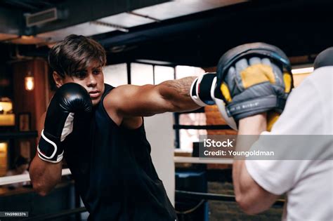 젊은 남성 권투 선수는 코치와 체육관에서 펀치를 연습 권투 스포츠에 대한 스톡 사진 및 기타 이미지 권투 스포츠 코치