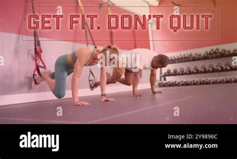 Animation Of Get Fit Dont Quit Text Over Diverse Man And Woman