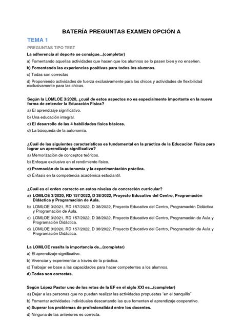 Batería Preguntas Examen Opción A Pdf Evaluación Plan De Estudios