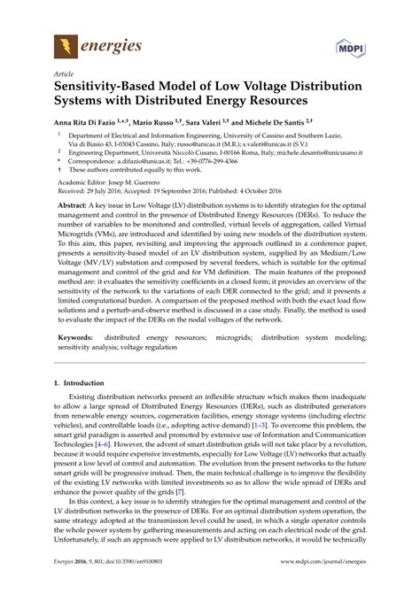 PDF Sensitivity Based Model Of Low Voltage Distribution Systems With Distributed Energy Resources