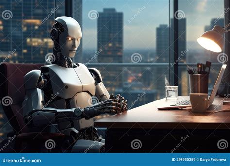 Humanoid Robot Working At Computer In Office Room Working Robot Stock Illustration
