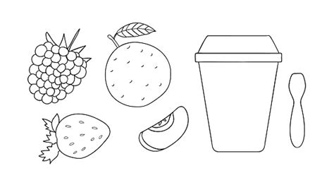 과일과 베리가 있는 벡터 라인 요구르트 팩 아이콘 흰색 배경에 고립 된 손으로 그린 유기농 신선한 유제품 자연 음식 일러스트