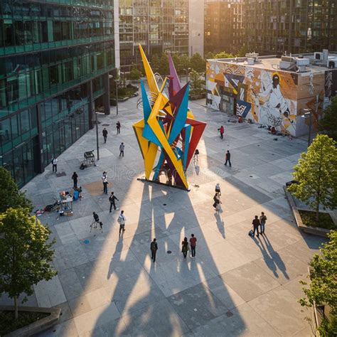 Urban Plaza Featuring A Colorful Abstract Sculpture With Sharp Angular Shapes In Stock