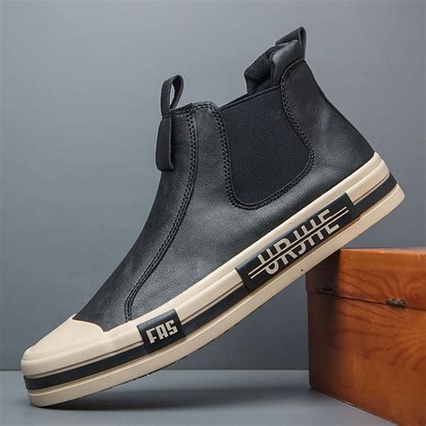 Sporty Leather Slip On High Top Sneakers Men Shoes Moccasins Men