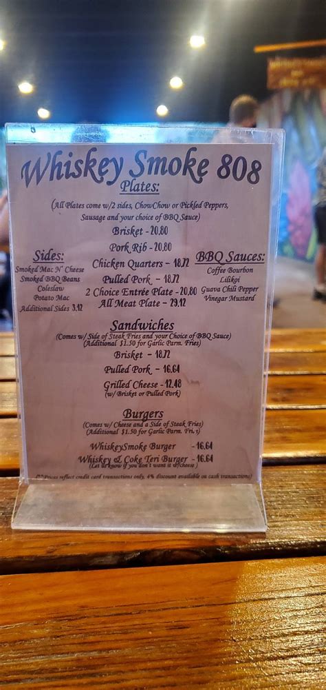 Menu At Whiskey Smoke 808 Bbq Kaneohe