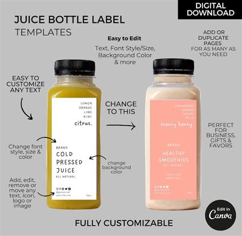 Editable Fruit Juice Bottle Labels Template Canva Fresh Juice Etsy