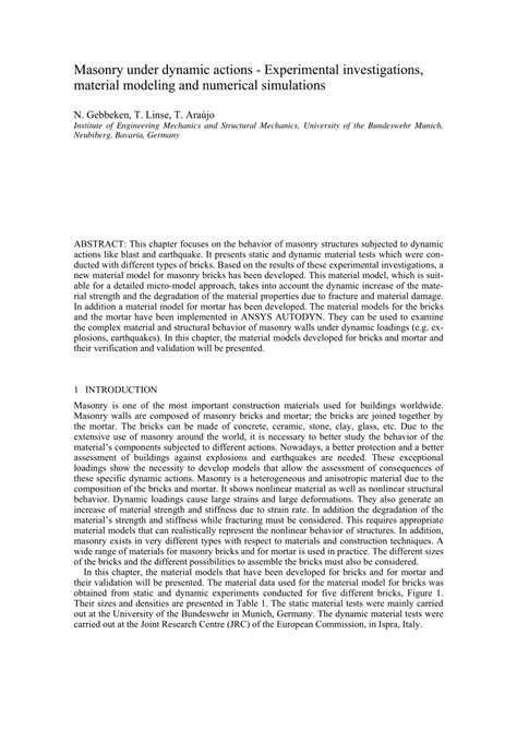 Pdf Masonry Under Dynamic Actions Experimental Investigations Material Modeling And