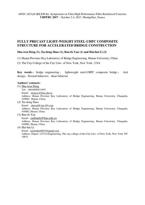 Pdf Fully Precast Light Weight Steel Uhpc Composite Structure For