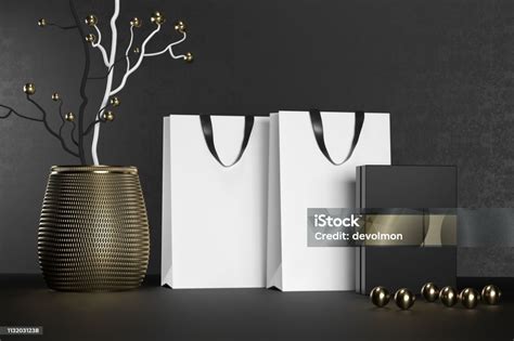 손잡이와 고급 블랙 박스 모의 화이트 브랜딩 종이 쇼핑백 블랙 배경에서 모의 광고를 구입에 대 한 프리미엄 화이트 패키지 3d 렌더링 가방에 대한 스톡 사진 및 기타 이미지