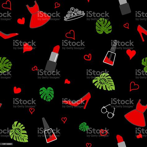 블랙 매끄러운 패턴위에 여자 액세서리와 메이크업 레드와 그린 잎을 이동 0명에 대한 스톡 벡터 아트 및 기타 이미지 0명