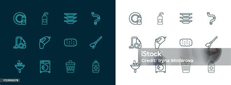 세트 라인 산업 금속 파이프 와셔 스폰지 쓰레기통 휴대용 진공 청소기 설거지 식기 세척 병 및 접시 및 항균 비누 아이콘 벡터 가사 집안일에 대한 스톡 벡터 아트 및 기타