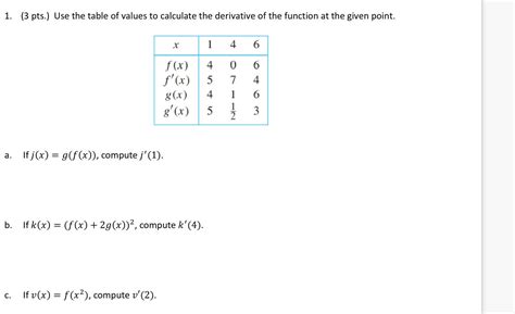 solved 1 3 pts use the table of values to calculate the