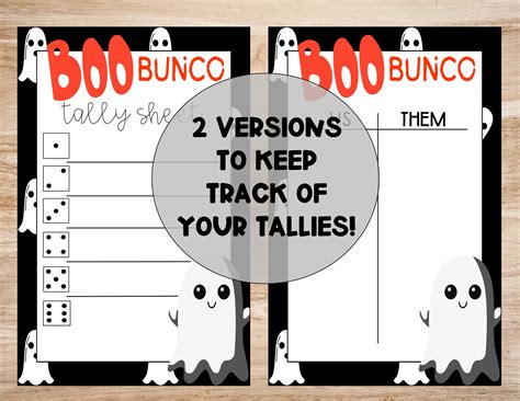 Printable Boo Theme Bunco Set Score Cards 2 Versions Tally Sheet 2 Versions Money Cup