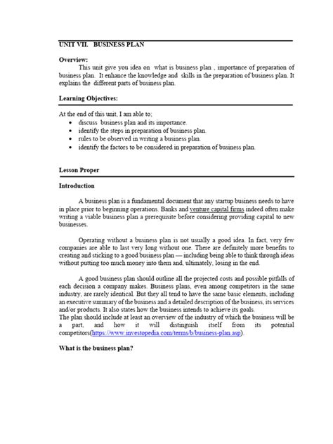 Unit Vii Business Plan Pdf Business Plan Market Economics