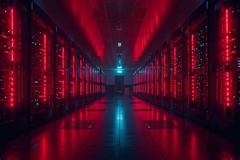 Bustling Data Center With Rows Of Servers And Flashing Lights Premium