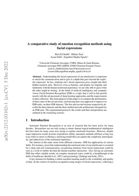 PDF A Comparative Study Of Emotion Recognition Methods Using Facial Expressions