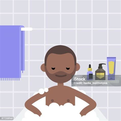 스파 치료입니다 젊은 흑인 캐릭터 비누 거품 목욕에 누워 이완입니다 목욕탕입니다 평면 편집 가능한 벡터 일러스트 레이 션 클립 아트 가정 생활에 대한 스톡 벡터 아트 및