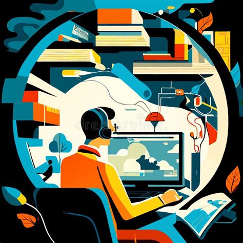 Illustration Of A Man Working On A Computer In A Home Office Generative Ai Stock Illustration