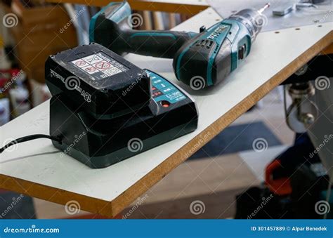 Makita Cordless Drill On Aged Pine Wood Boards Editorial Image