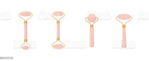 석영 페이셜 롤러 중국 과샤 마사지 다른 모양의 천연 핑크 석영 돌의 컬렉션 스킨 케어와 아침 루틴 플랫 만화 스타일의 벡터