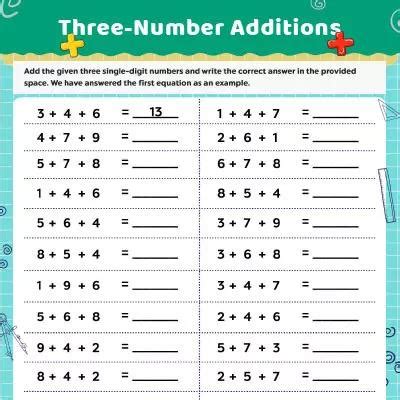 Addition Worksheet Three Single Digits Horizontal