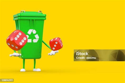 비행에 레드 게임 주사위 큐브와 재활용 기호 녹색 쓰레기 쓰레기 쓰레기통 캐릭터 마스코트 3d 렌더링 가능성에 대한 스톡 사진 및 기타 이미지 Istock