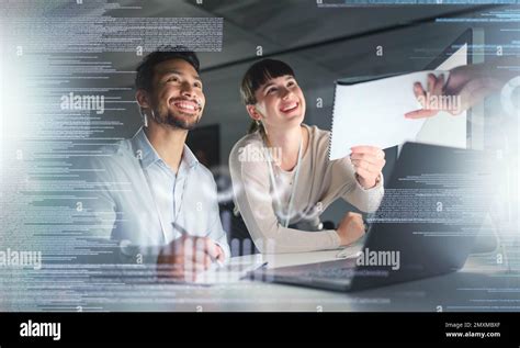 Information Technology Overlay And Team With Documents On Laptop For