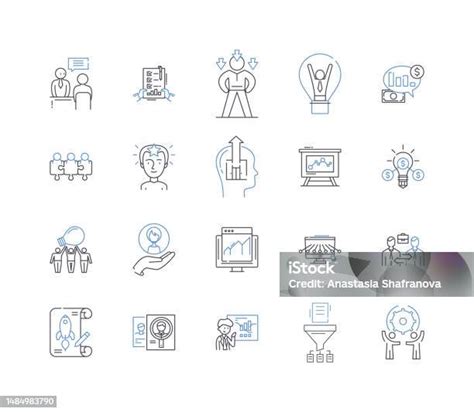 벤처 개발 라인 아이콘 컬렉션입니다 혁신 신생 기업 위험 성장 투자 기업가 정신 기회 벡터 및 선형 그림 확장 협업 전략 개요 표지판 세트 Launch Party에 대한