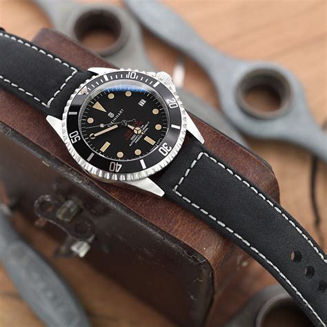 Miltat 22mm Matte Black Nubuck Leather Watch Strap Strapcode