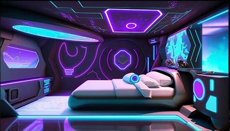 홀로그램 스마트 현대 하이테크 공상 과학 사이버 펑크 미래 침실 인테리어 3d 홈 장식 프리미엄 사진