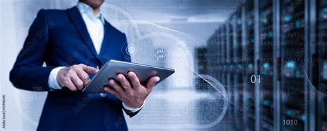 In A Data Center Or Server Room A Computer Programmer Works On Big Data And Computer Code Data