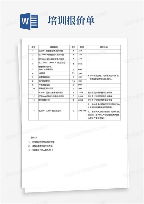 培训报价单word模板下载 编号qdejjpma 熊猫办公