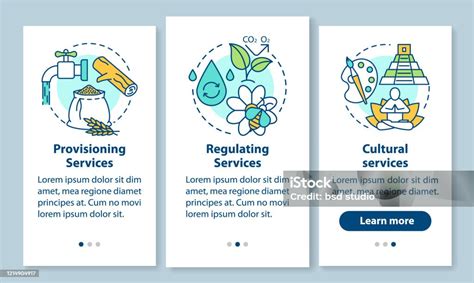 선형 개념으로 모바일 앱 페이지 화면을 온보딩하는 에코시스템 서비스 프로비저닝 서비스 규제 단계 그래픽 지침 연습 Ux Ui 그림이 있는 Gui 벡터 템플릿 생물다양성에