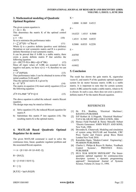 Design Of Quadratic Optimal Regulator For Dc Motor Pdf