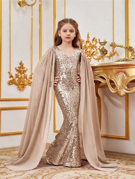 Tween Girl Chiffon Cape Sleeve Sparkly Sequin Patchwork Mermaid Formal